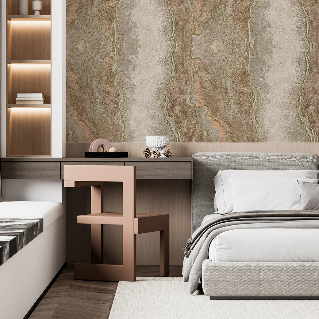 Vinyl bedroom wallpaper, brown-gold, Anoria pattern